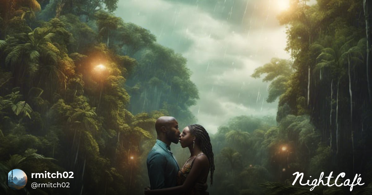 Romantic Couple in Jungle Rain, Detailed Matte Pai... - AI Art
