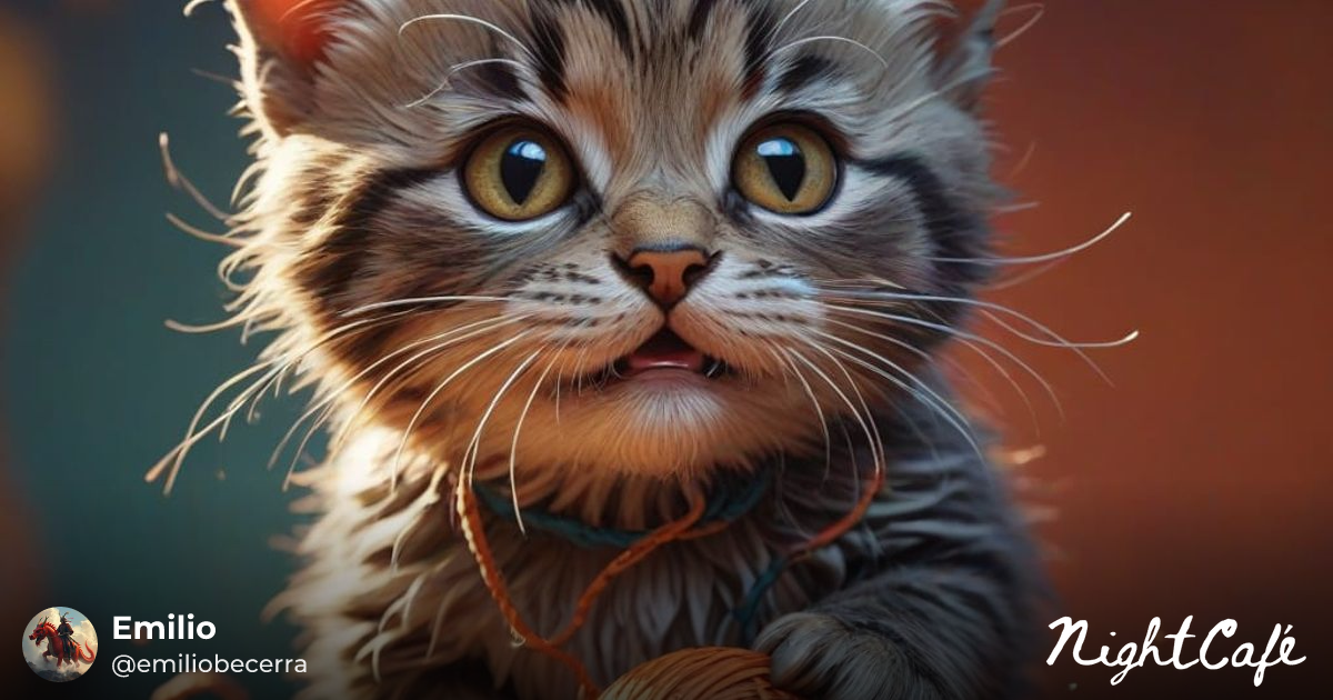 Cute Kitten Plays with Yarn Ball in Vibrant Scene - AI Art