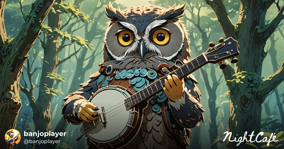 owl playing a banjo - Anime Owl Plays Banjo in Ghibli Style