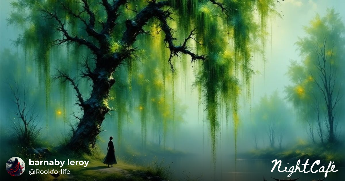 A towering willow tree with silvery-green foliage, its tendrils ...