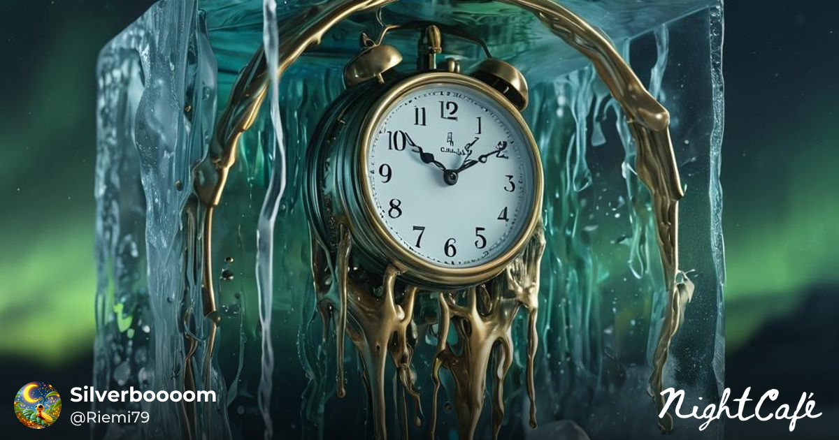 big melting clock installed in a icecube, nortlights,cold , head and ...