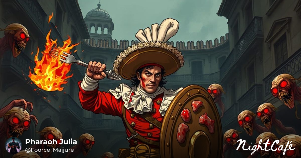 Spanish Pasta Chef Battles Undead Pasta Monsters i... - AI Art