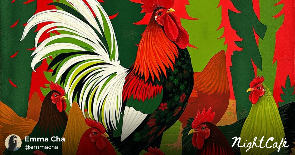 Rooster Parading in Red and Green Harem