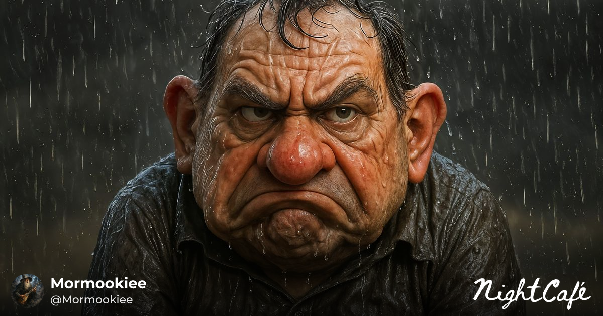 "Damp it all." - Grumpy Man Caricature in Rainstorm, Detaile...