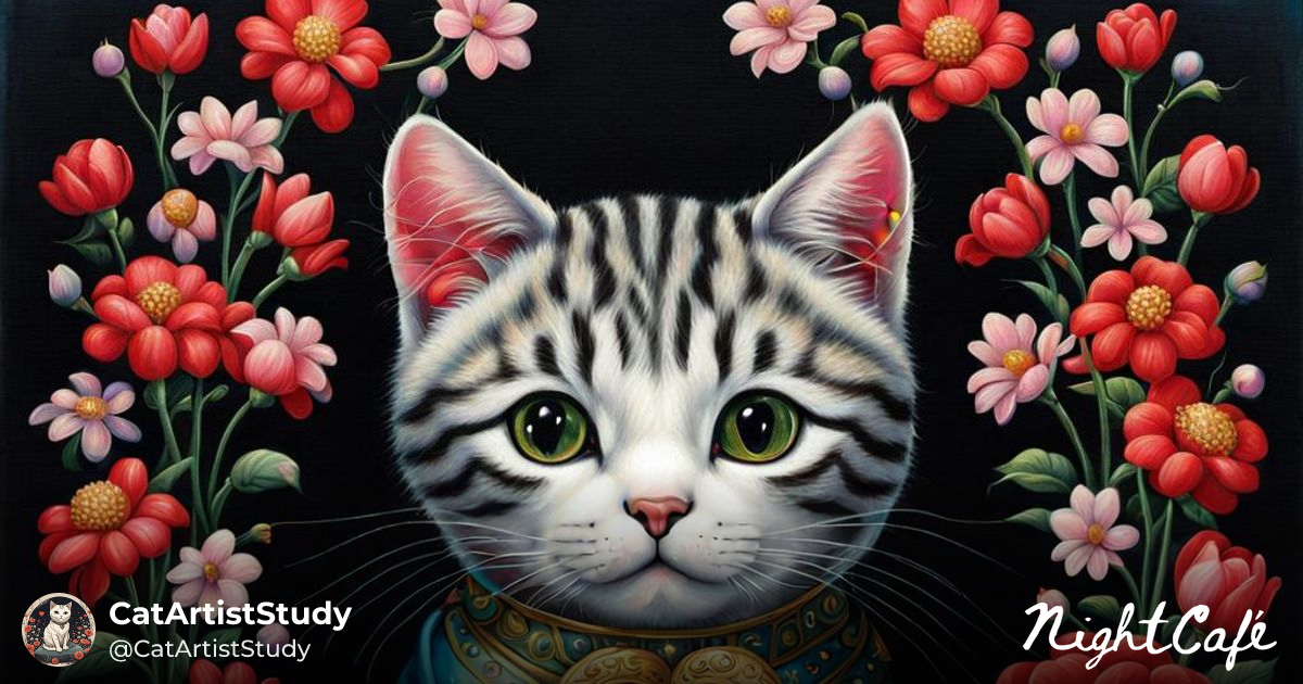 Chie Yoshii - Cat with Flowers and Heart Lights Painting