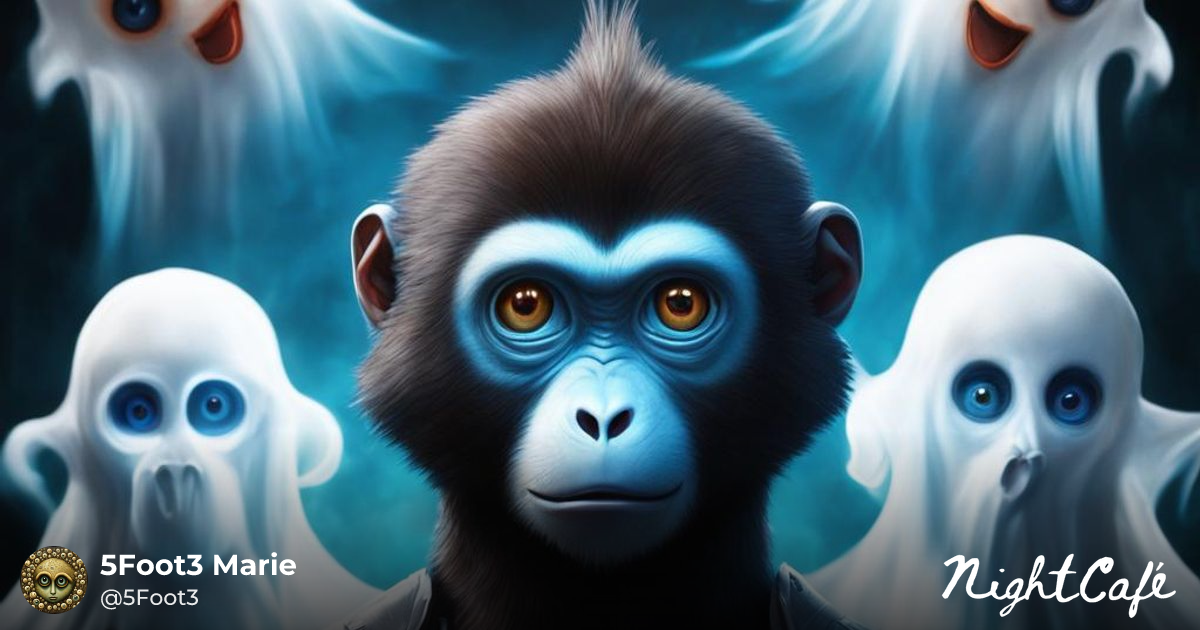Blue-Eyed Monkey Surrounded by Ghosts in Fantasy A... - AI Art