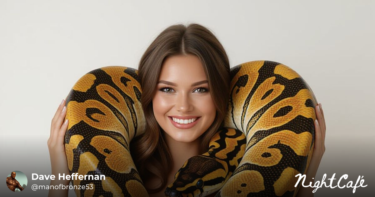 huge friendly snake coiling around beautiful woman... - AI Art