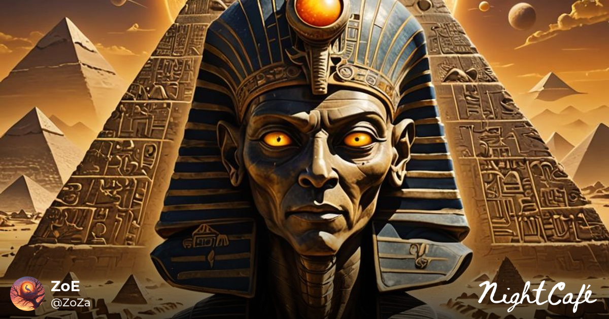 An alien pharaoh with glowing eyes.