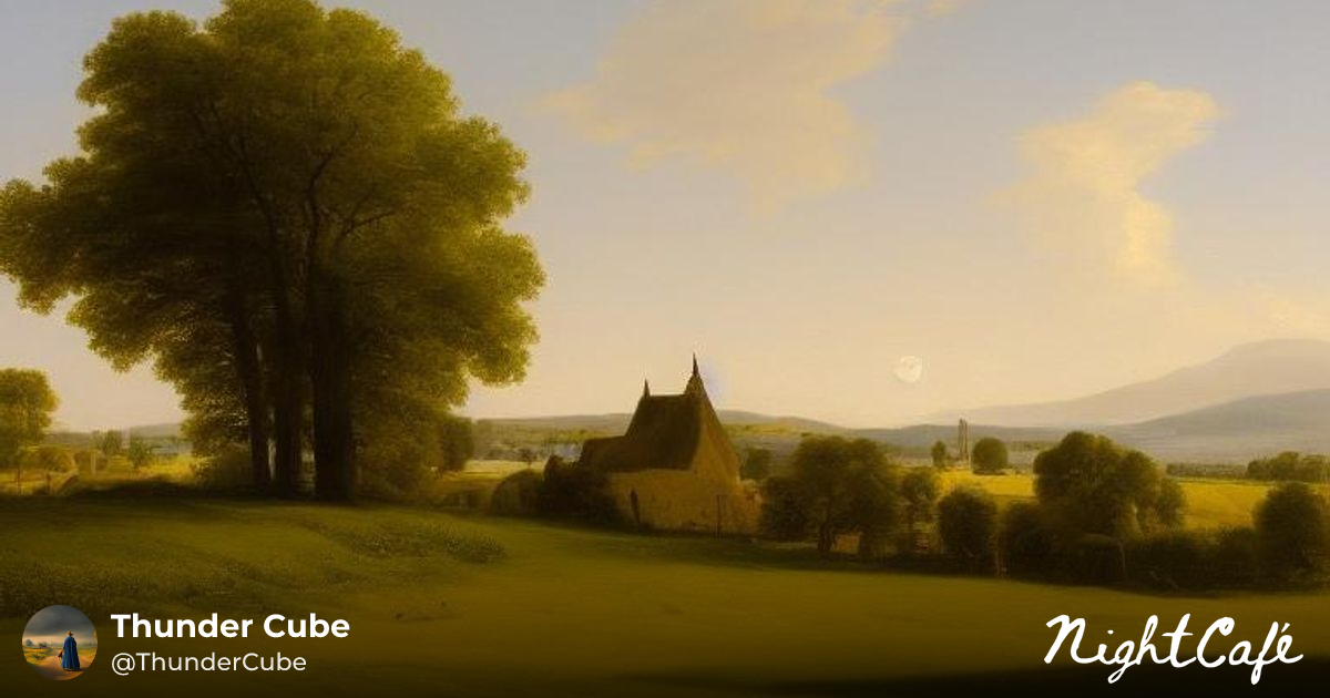 Countryside landscape with thatched houses and and wood barn, by Théodore Rousseau style, old ...