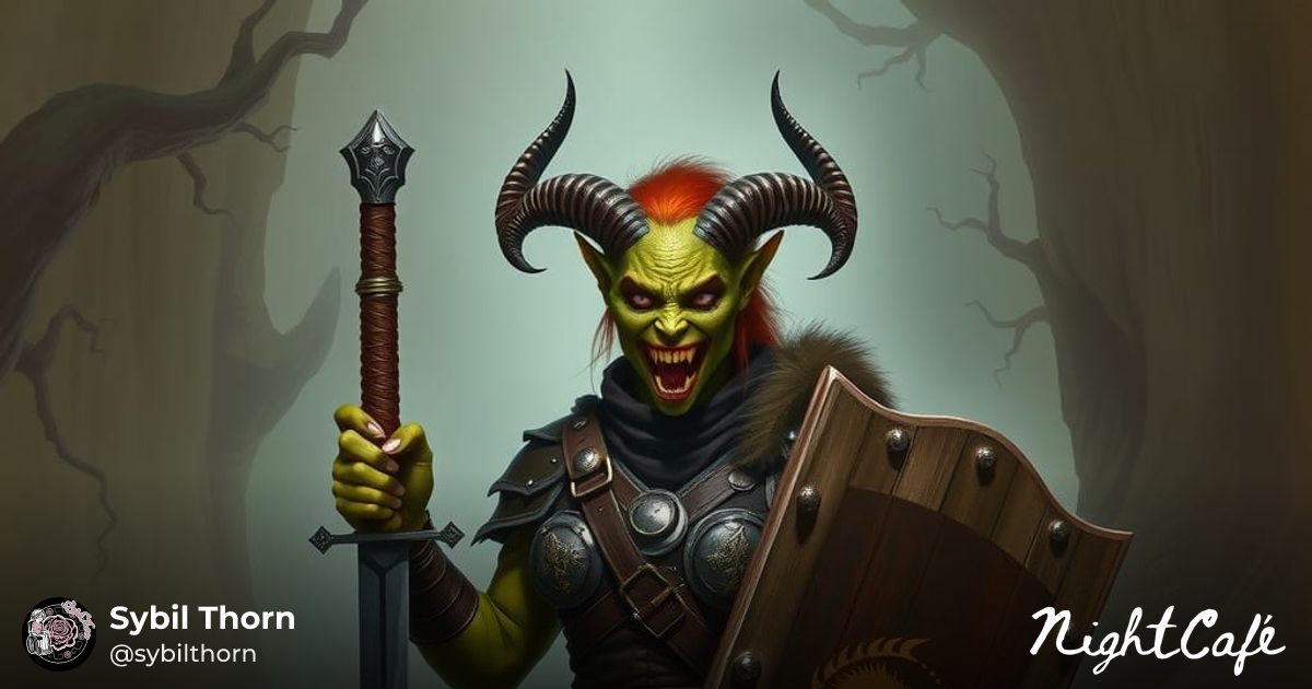 female warrior half-hobgoblin-half-tiefling