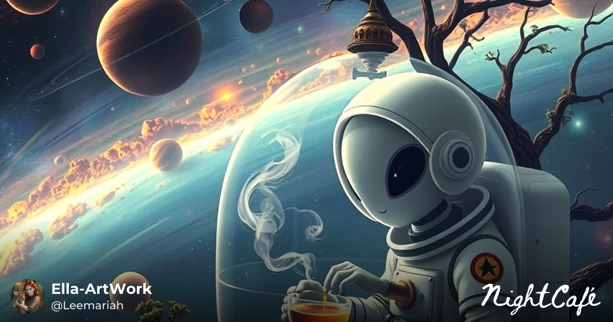 Alien astronaut drinking cosmic tea in space tree house