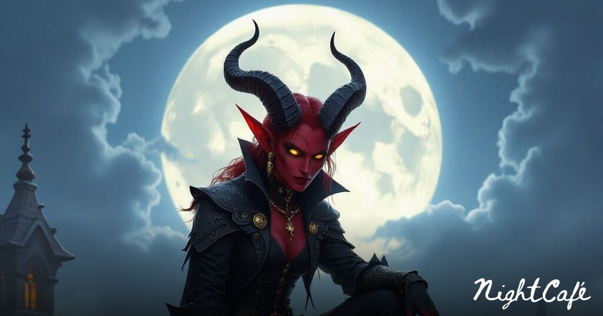Crimson Tiefling on Gothic Rooftop in Fantasy Styl... - AI Art