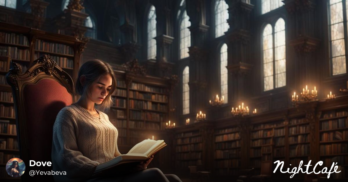 Cozy Research - Girl Reading in Library: Dark Fantasy Concep...