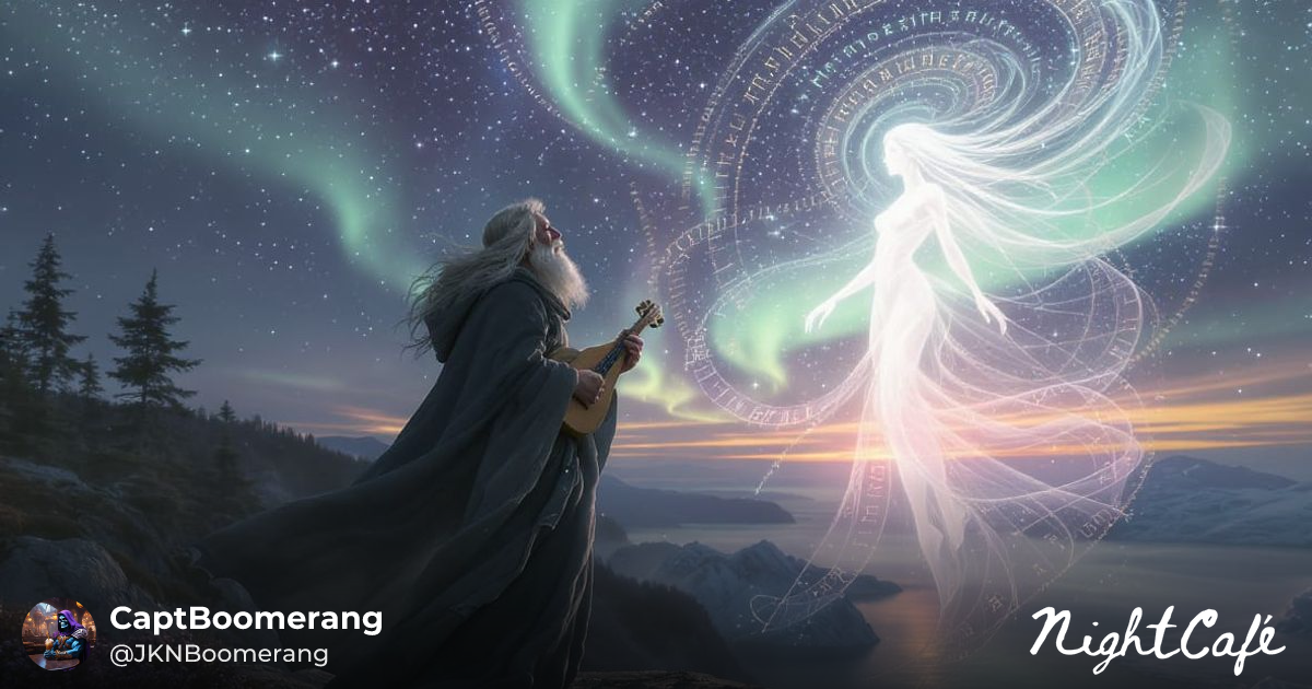 Finnish Hero-god Väinämöinen stands on a cliff at twilight, kantele ...