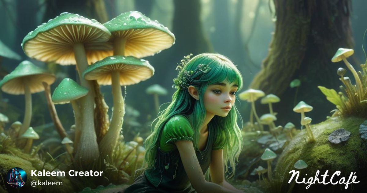 Lilliputian Girl on Emerald Mushroom: Hyper-Realis... - AI Art