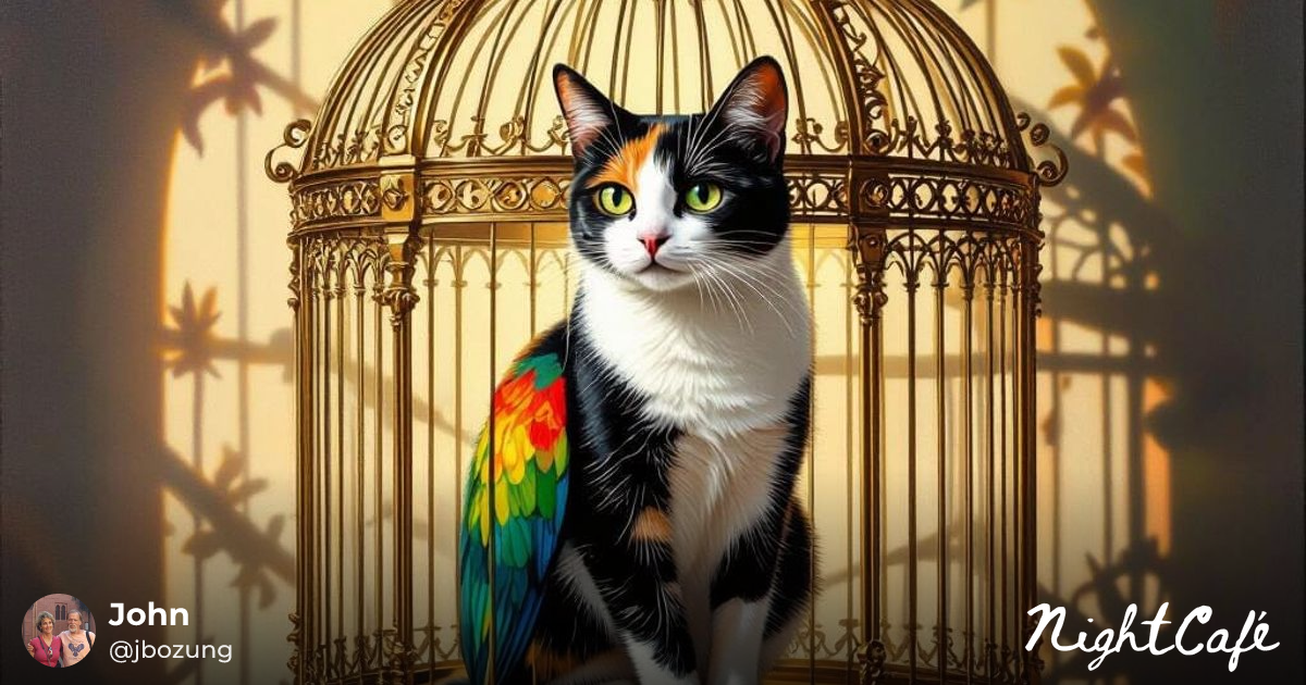Surreal Calico Cat-Bird Hybrid in Ornate Gilded Ca... - AI Art