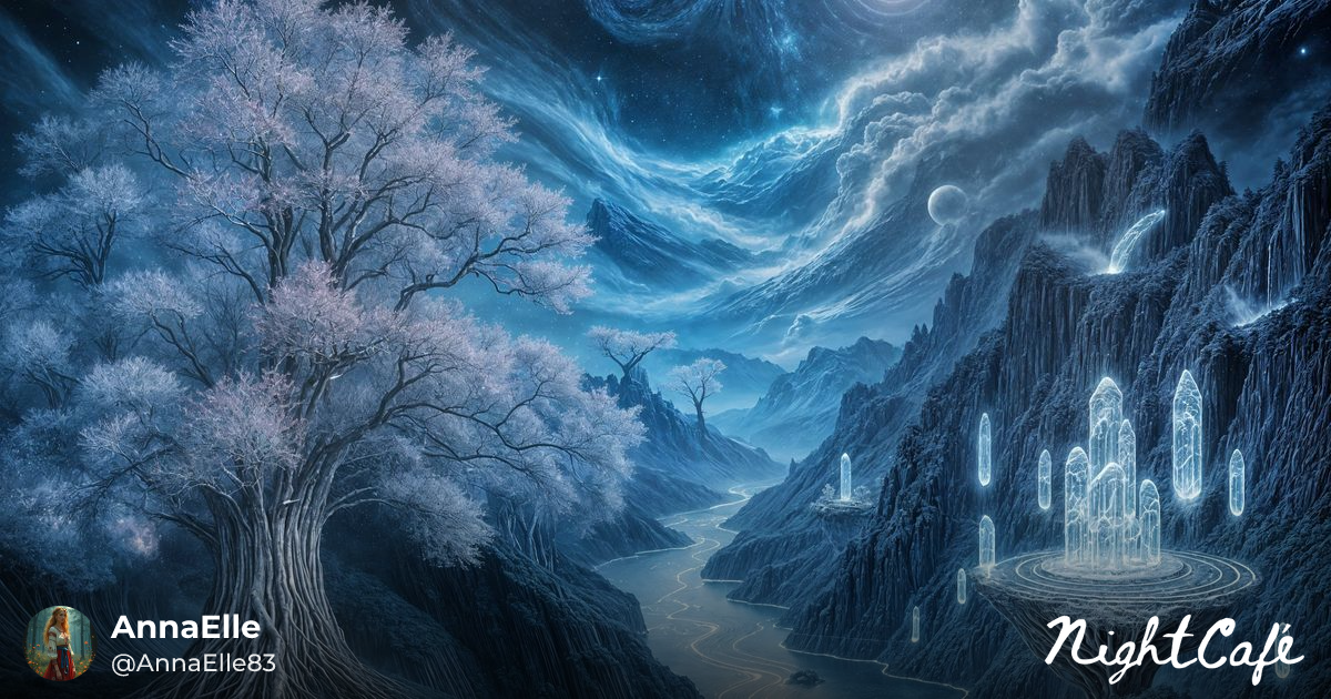 A mystical night realm where the sky is an endless expanse, with pink ...