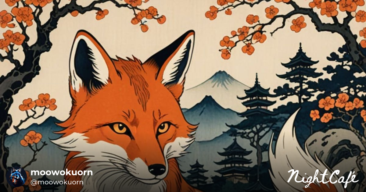 Kitsune, in ukiyo-e style painting - Kitsune in Ukiyo-e Styl...