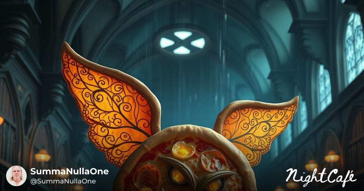 . An ANGLE WINGED AND sentient pizza stares intensely from within a ...