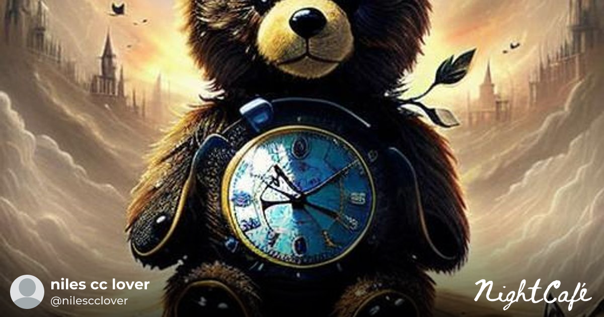 Teddy Bear Creature Holding Clock with Ethereal Sw... - AI Art