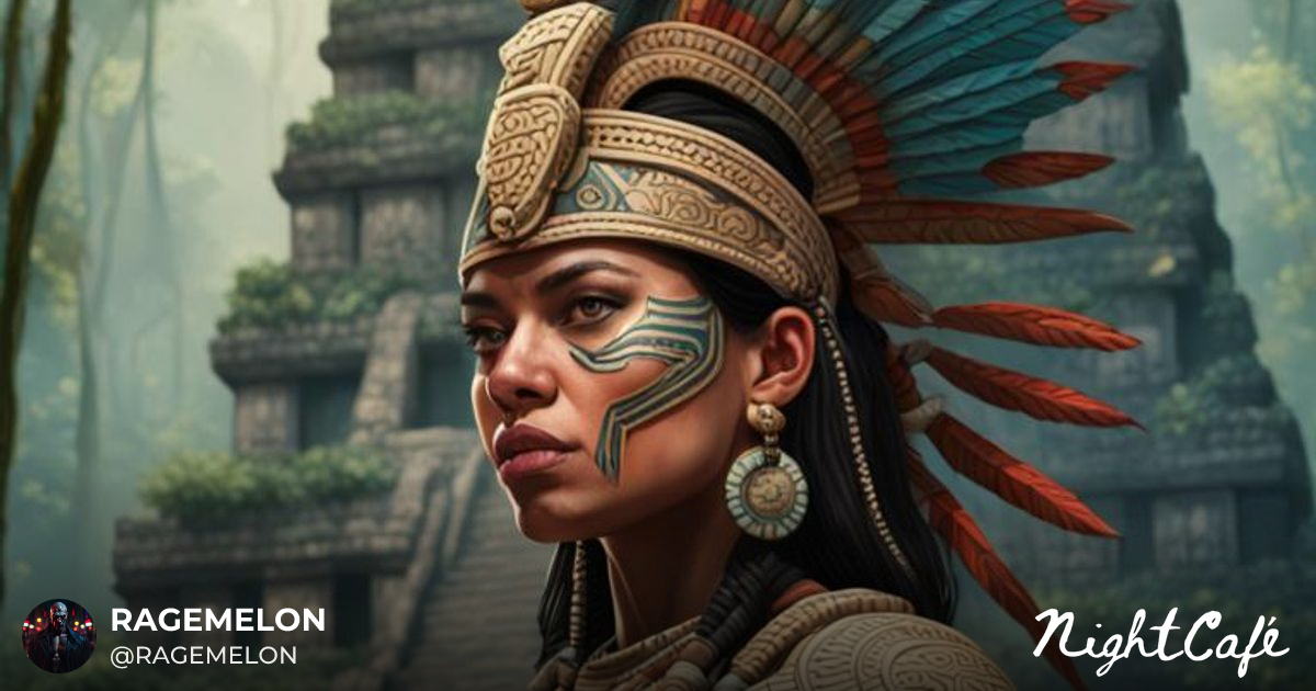 Mayan female warrior in front of temple in the jungle