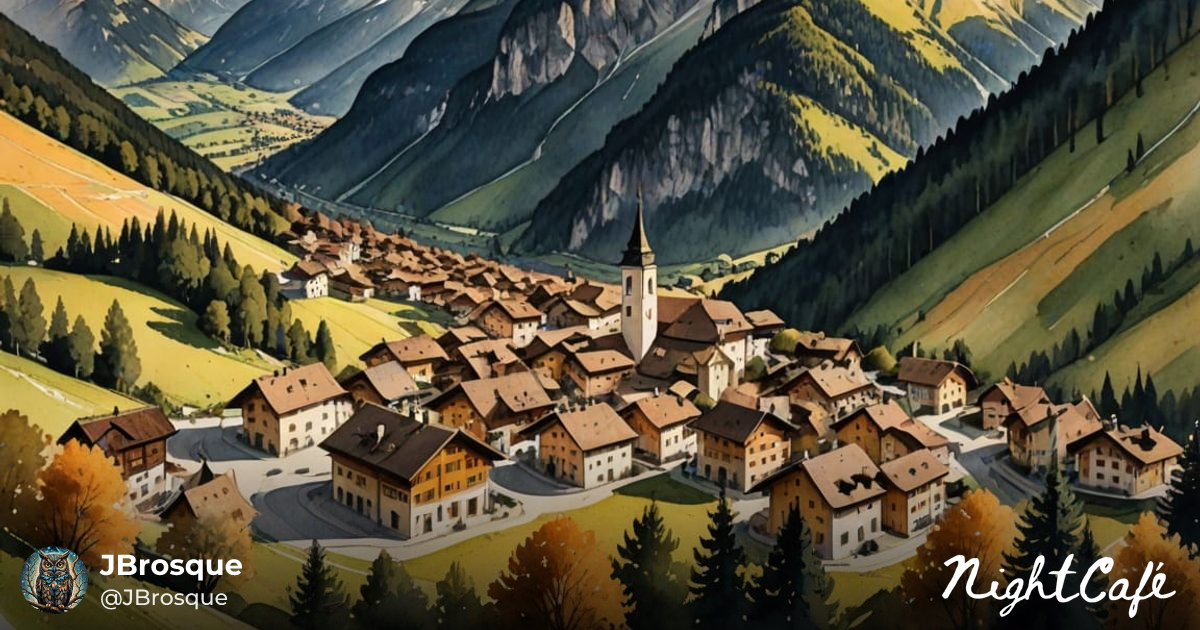 Alpine village in the Dolomites - Ink Drawing of Alpine Vill...