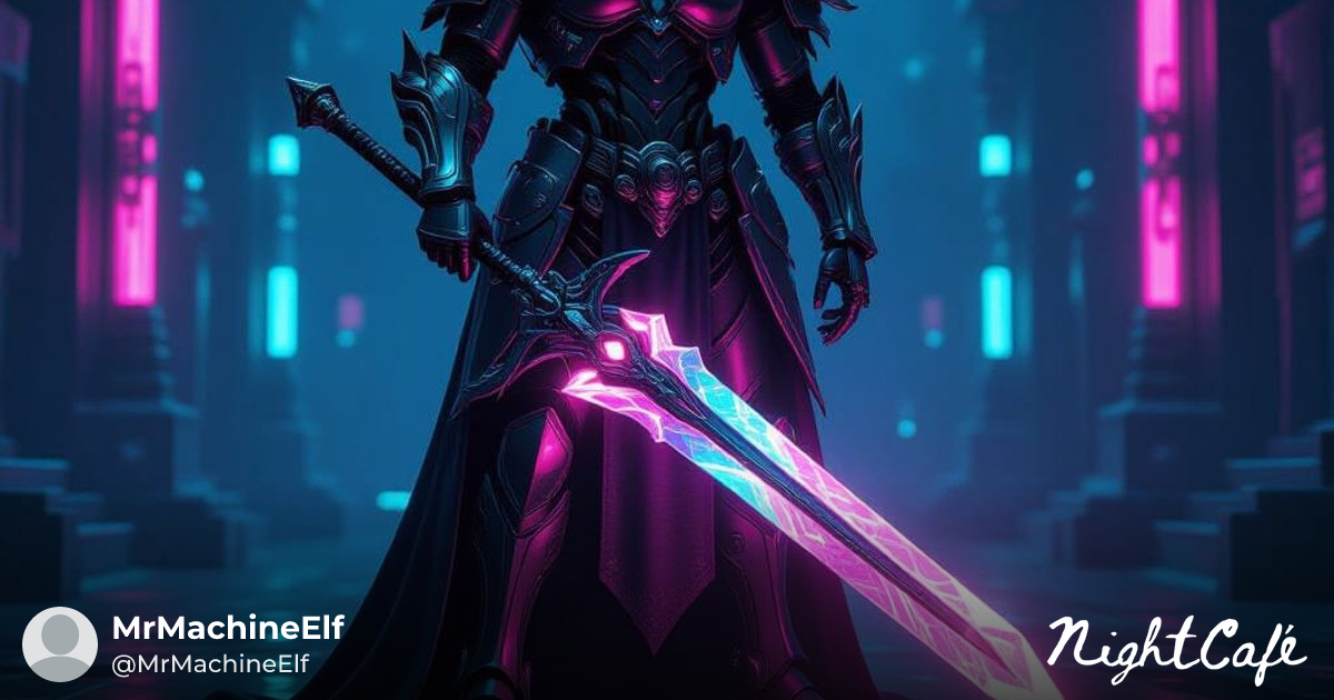 Robot Demon with a crystal sword in a Cyberpunk Temple