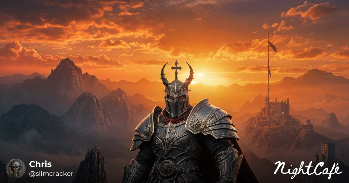 A majestic, heavily armored figure, King of the Blood Knights, standing ...