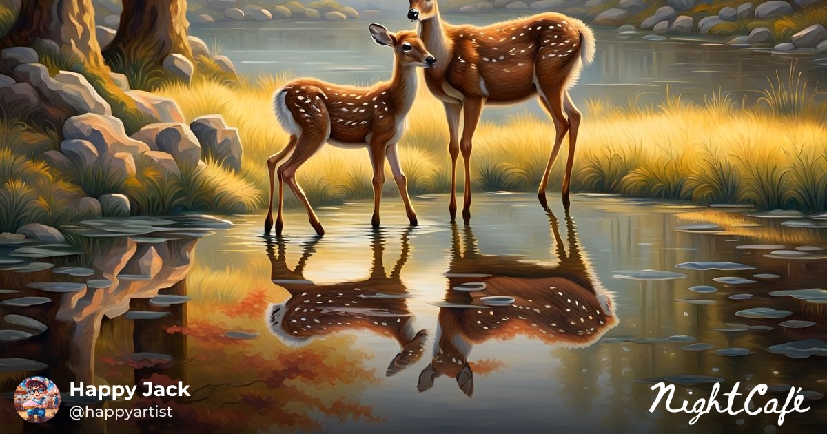 Young deer reflection - Deer Reflection in Pond: Kinkade-...