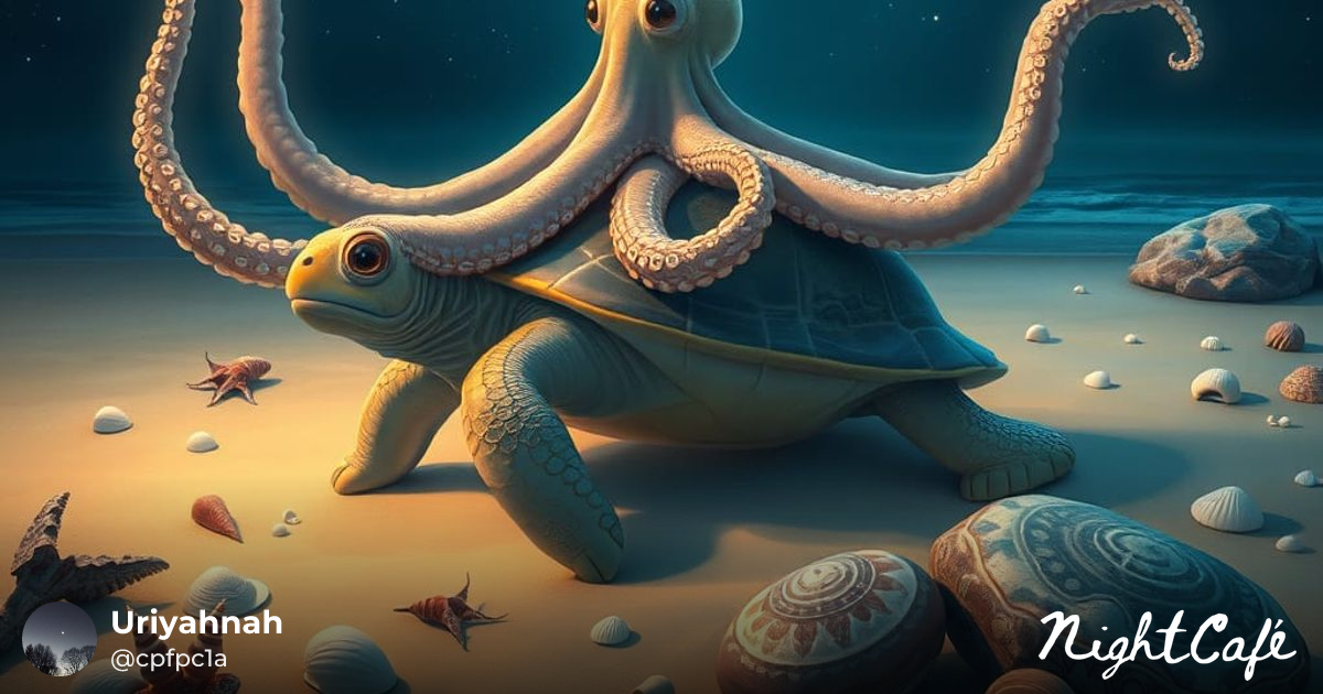 A short-envisioned octopus riding a turtle with infinite tentacles reaching for stars in the ...