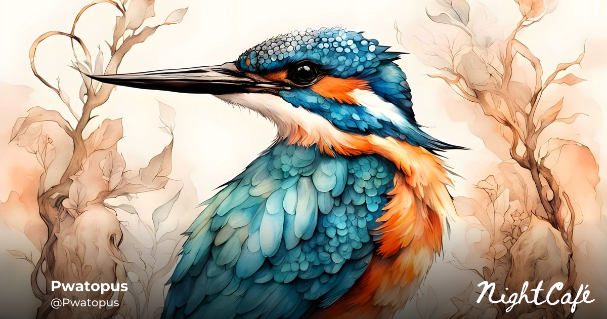 Kingfisher - Kingfisher in Lush Valley: Ink and Watercolor A...