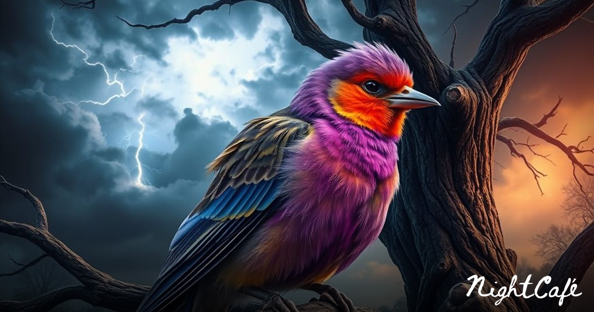 Purple Canary in Storm: Cinematic Bird Portrait - AI Art
