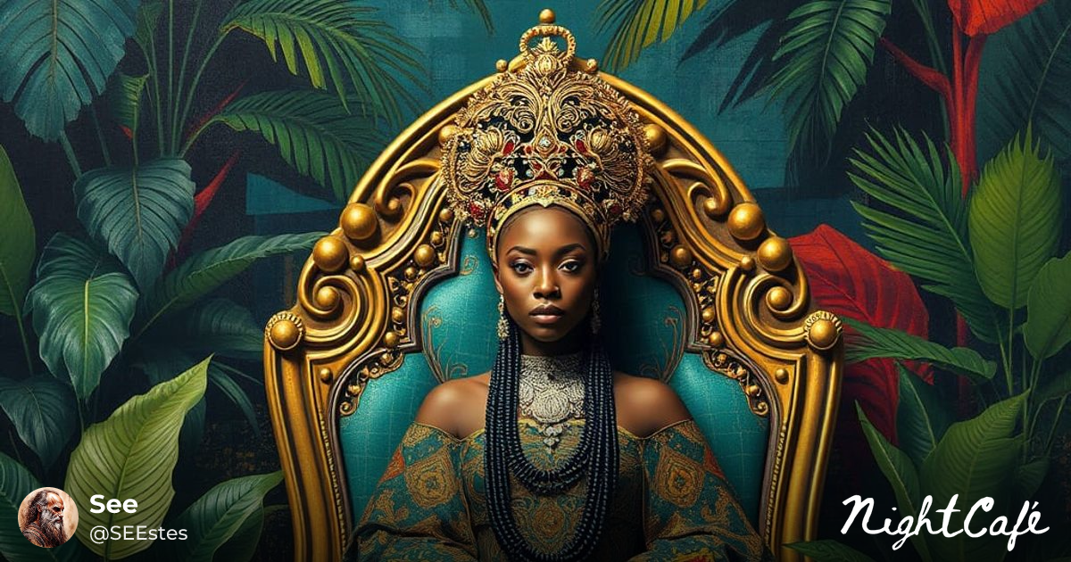African Queen in Majestic Throne, Surrounded by Tr... - AI Art