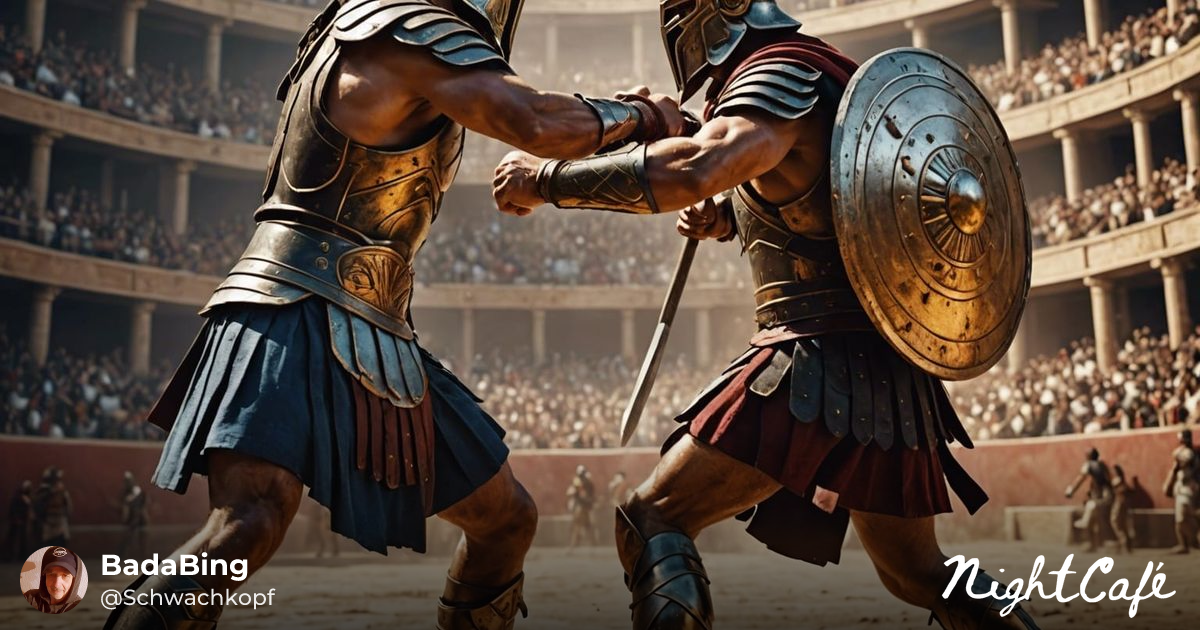Two strong gladiators fight in the arena