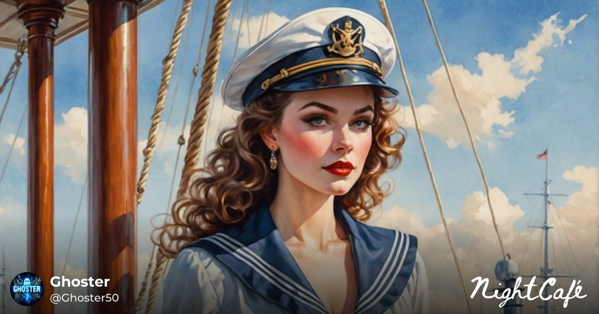 Sailor Pinup Woman - Sailor Pinup on Yacht, Watercolor Fanta...