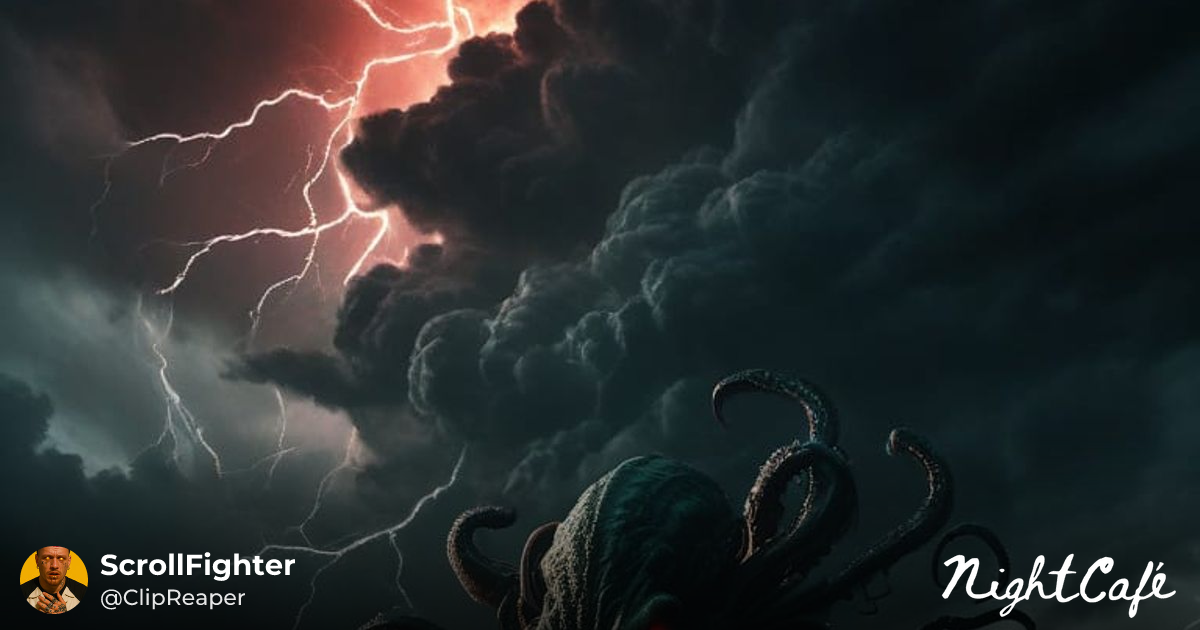 Cthulhu rising from a storm-tossed ocean beneath a blood-red sky.