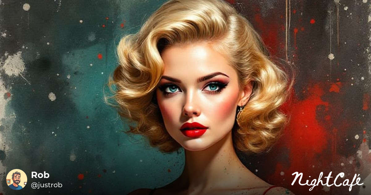 blonde curls catch soft paint / red dress blooms in scattered hues / light swirls round her stance