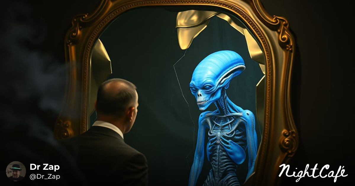 The Mirror Lies - Surreal Alien Reflection in Bronze Mirror,...