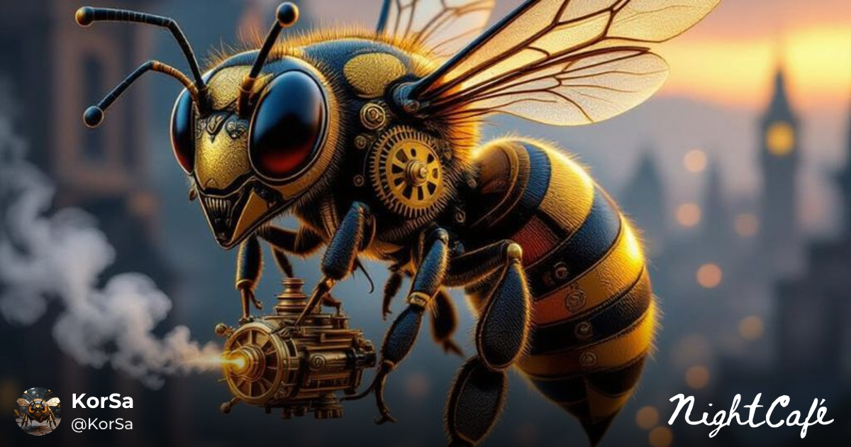 Steampunk Bee with Angry Eyes in Flight - AI Art
