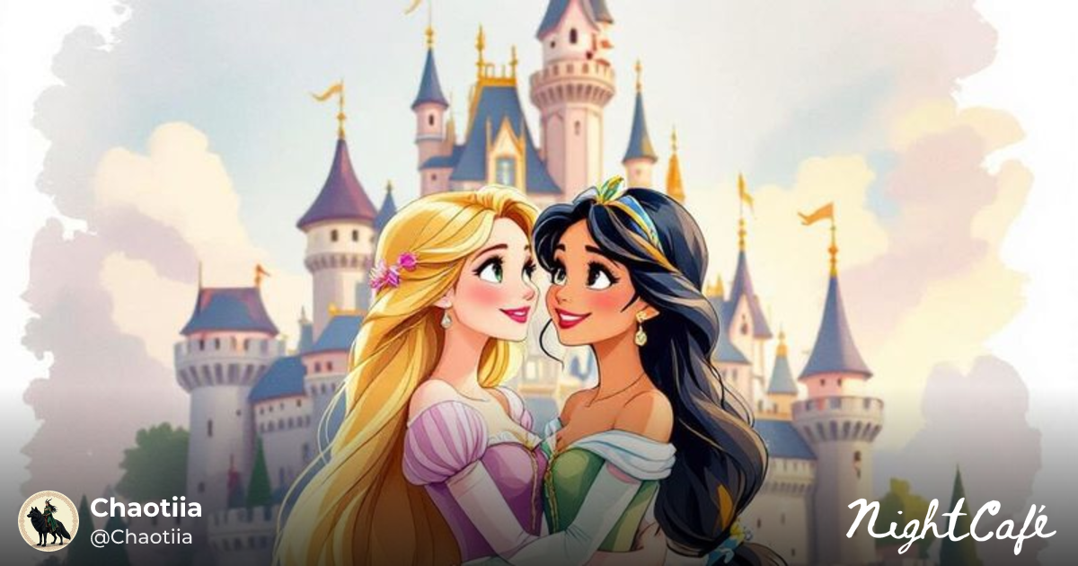 Rapunzel and Jasmine Admire Castle in Whimsical Wa... - AI Art