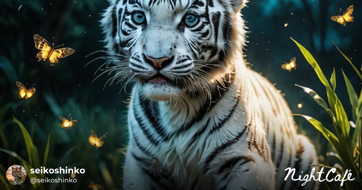 White Tiger Cub and Fireflies in Turquoise Night - AI Art