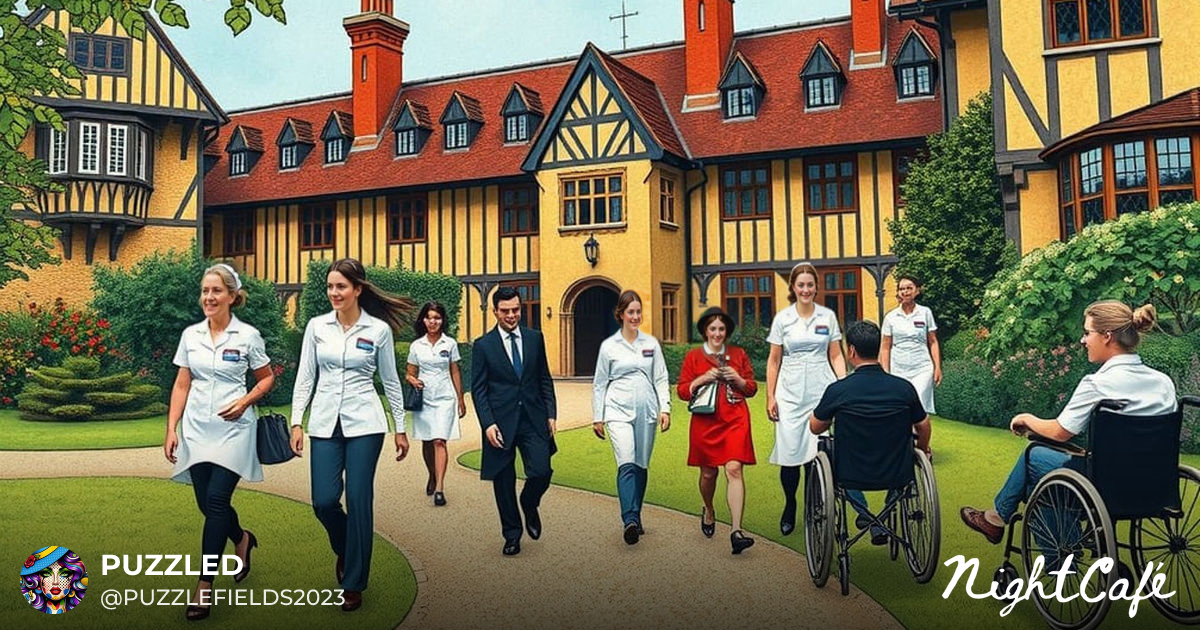 Pointillism style painting of people walking on the grounds of a Tudor ...