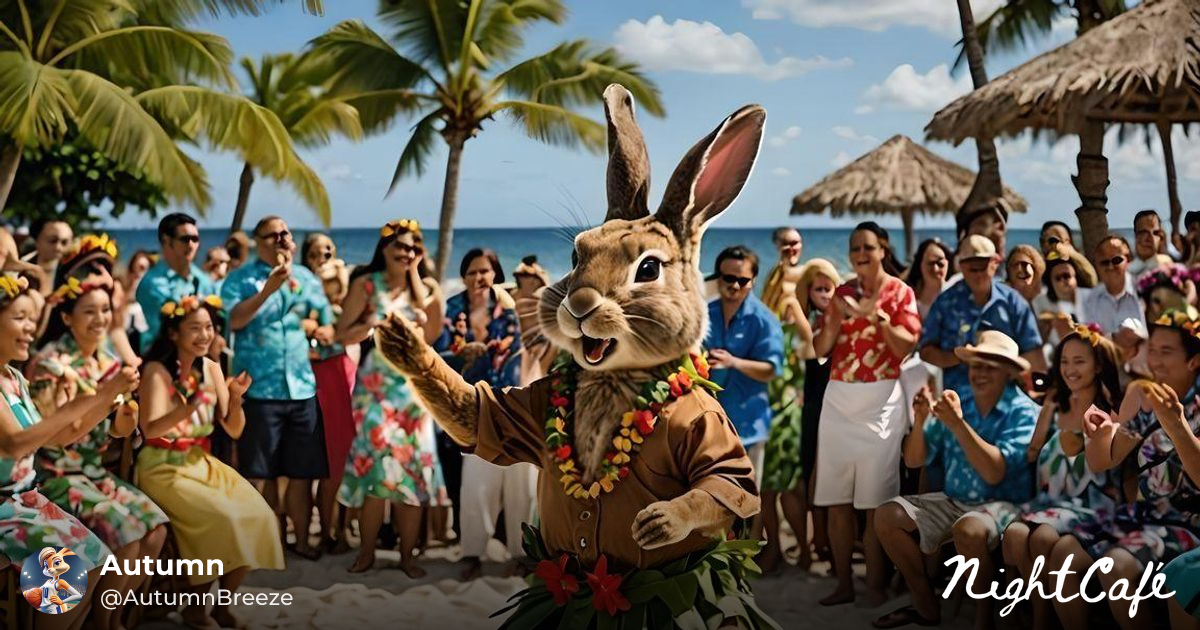 Rabbit Dances Hula at Luau on Beach - AI Art