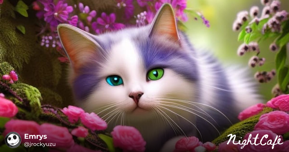 Milka kitty - White Cat with Colorful Eyes in Floral Art