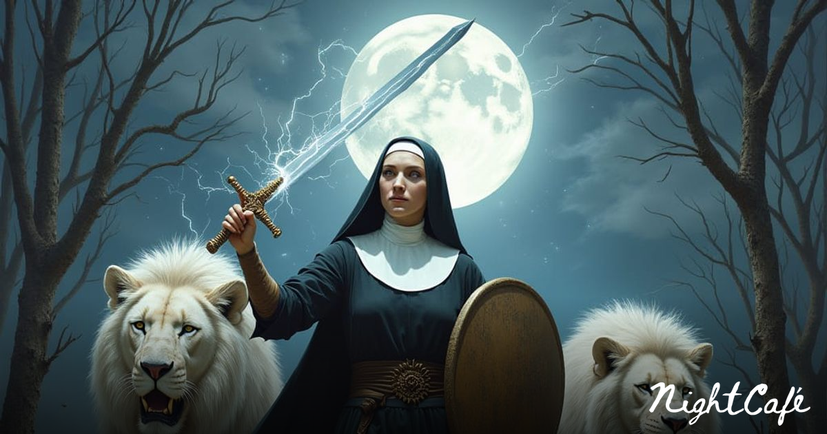Mystical Warrior Nun Battles Demons Under Apocalyp... - AI Art