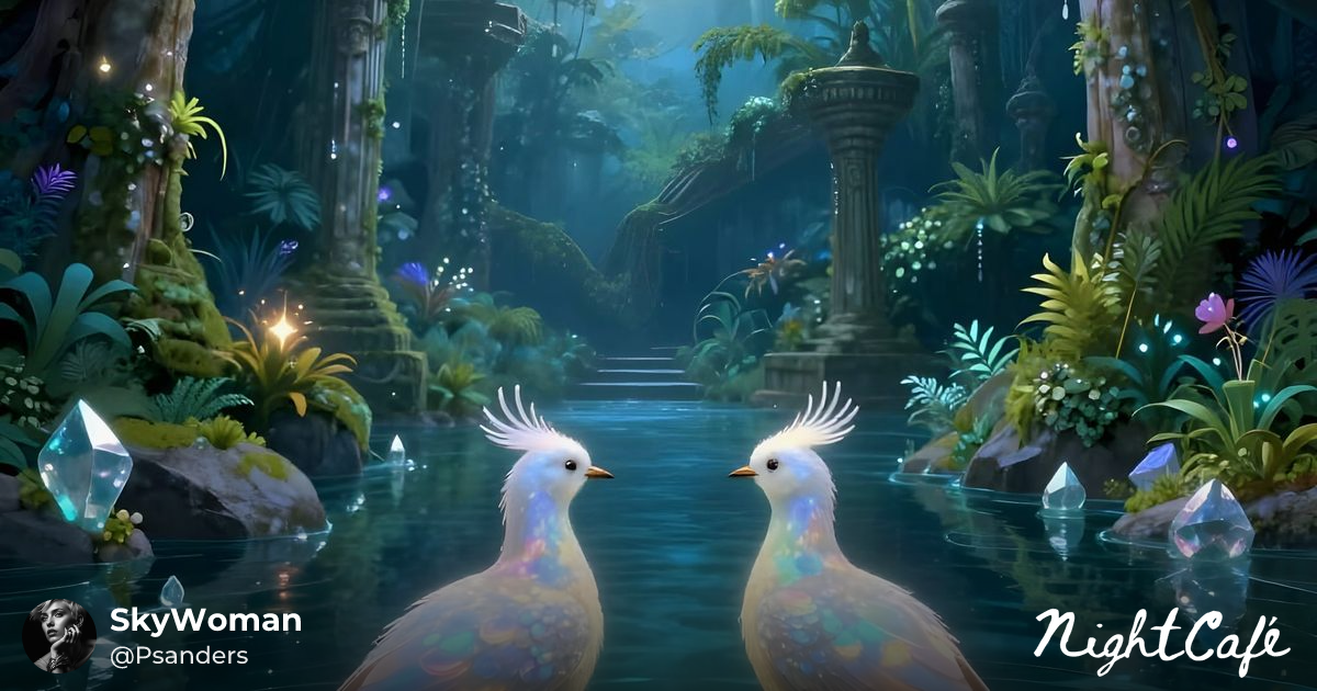 A pair of Celestial birds with plumage made of iridescent moonlight and ...