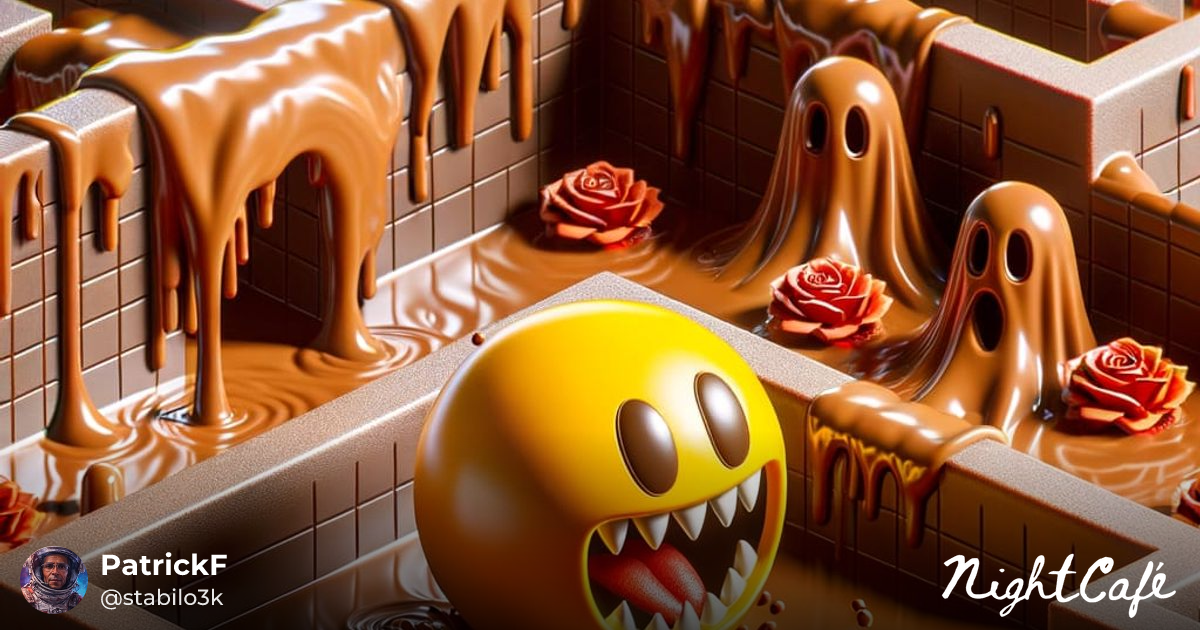 Pac-Man, Chocolate maze, melting chocolate rivers, roses, ghosts